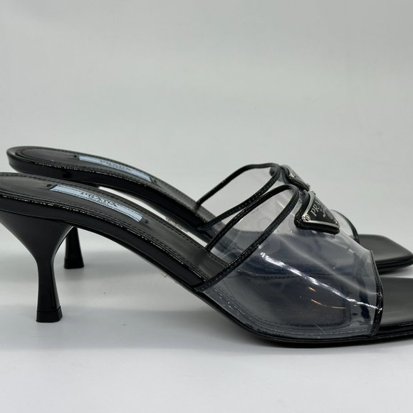 Prada | Shoes | Prada Signature Triangle Logo Pvc Patent Mule Sandals ...